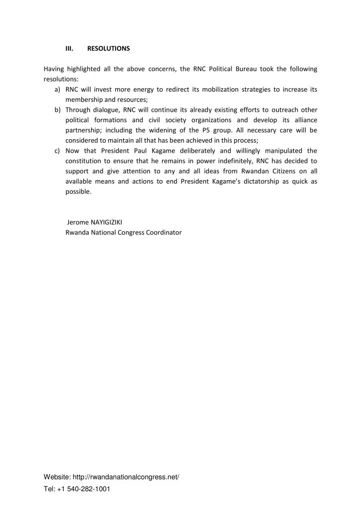 PRESS RELEASE FOLLOWING RWANDA NATIONAL CONGRESS POLITICAL BUREAU’S ...